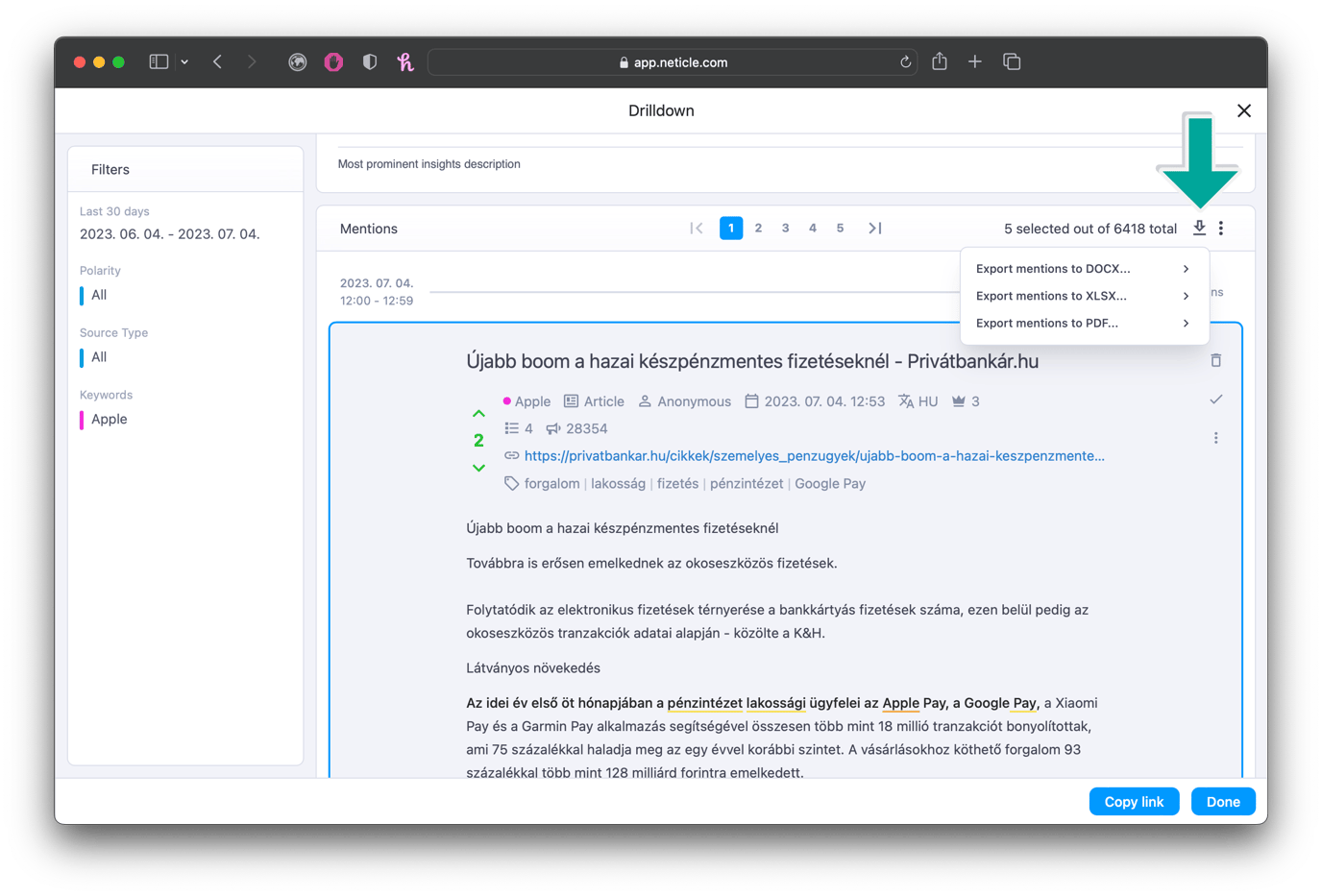 How to export graphs, reports, and mentions?